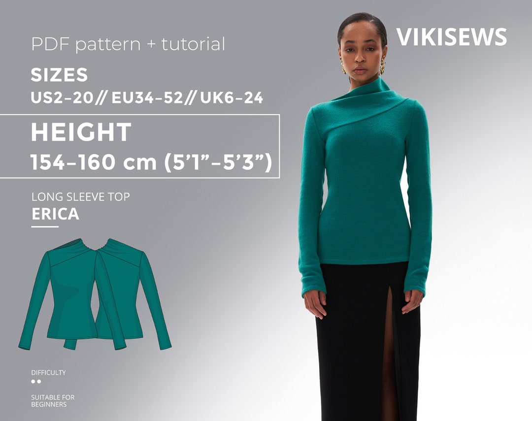 Erica Long Sleeve Top PDF Sewing Pattern With Tutorial, Size EU34-EU52 ...