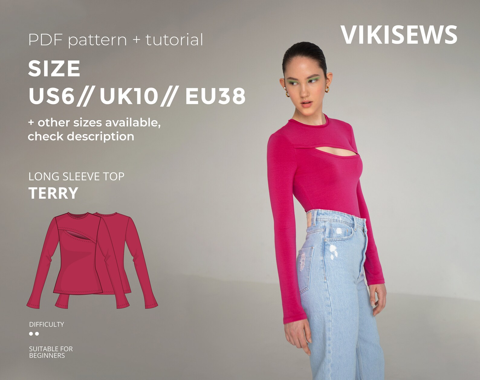 Terry Long Sleeve Top Sewing Pattern With Tutorial Size US 6 - Etsy