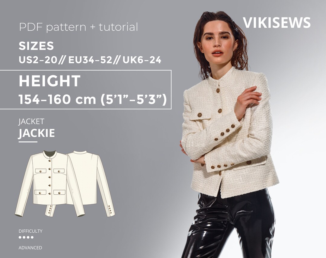 Jackie Jacket PDF Sewing Pattern With Tutorial, Size EU34-EU52 for 154 ...