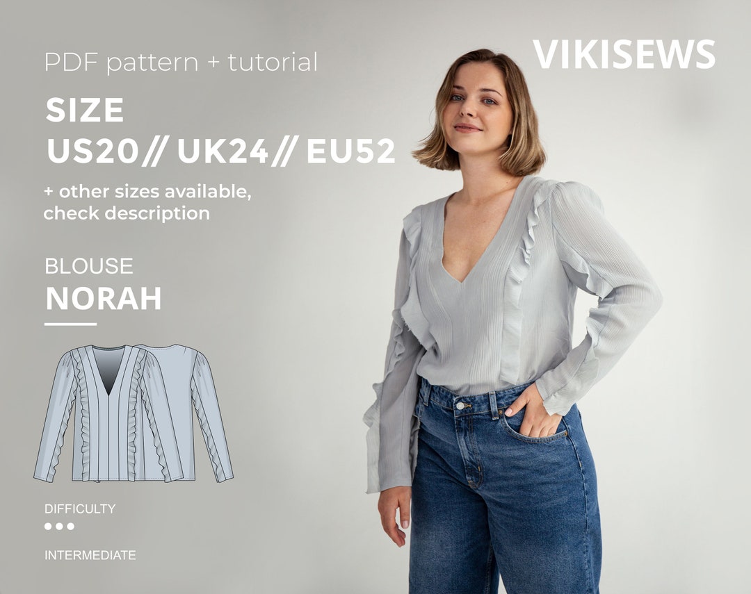 Norah Semi-fitted Blouse Sewing Pattern With Tutorial Size US 20 UK 24 ...