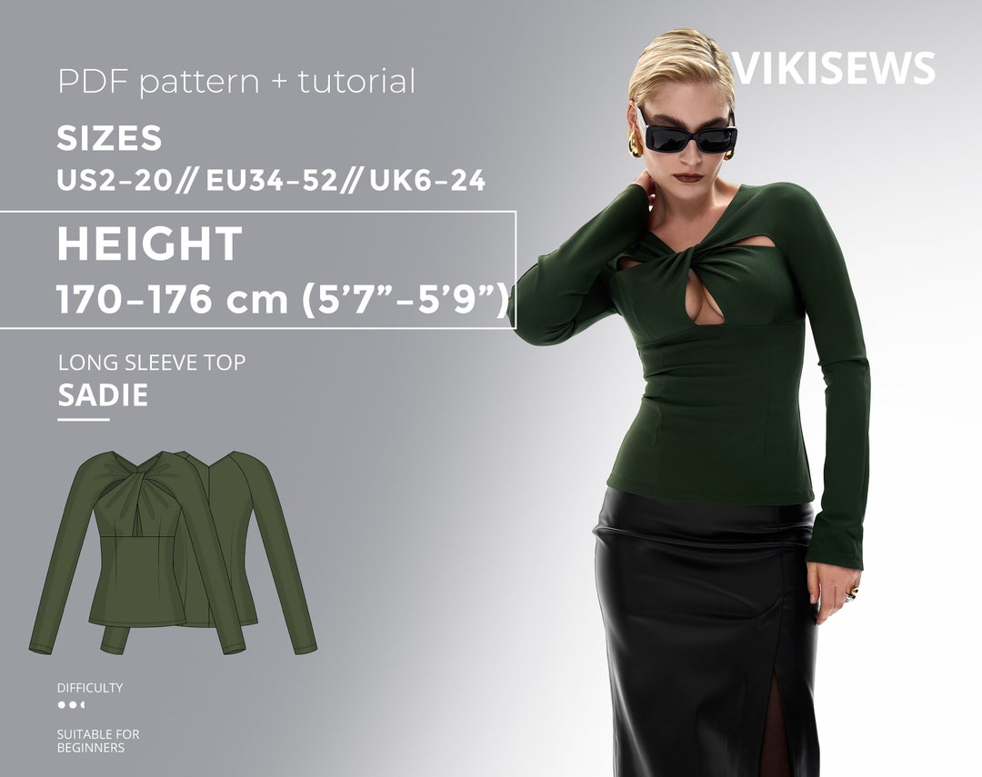 Vikisews Long Sleeve Top PDF Sewing Pattern Sadie, Size EU34-EU52 for ...