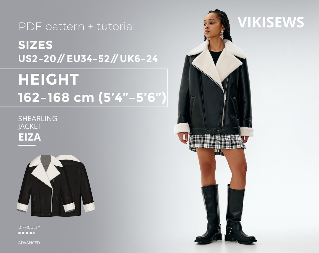 Eiza Leather Shearling Jacket PDF Sewing Pattern 162-168 Height US ...