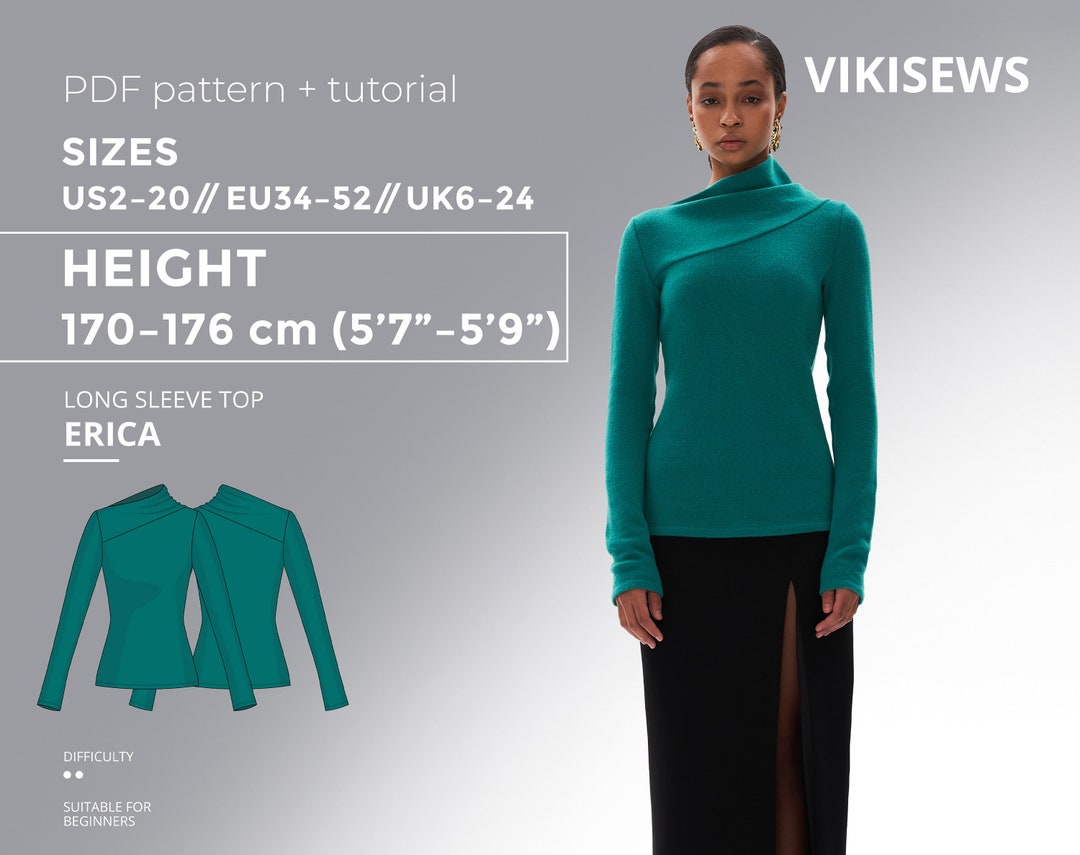 Erica Long Sleeve Top PDF Sewing Pattern With Tutorial, Size EU34-EU52 ...