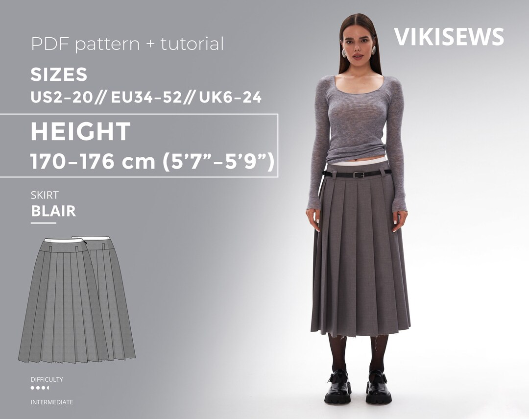 Blair Skirt PDF Sewing Pattern With Tutorial, Size EU34-EU52 for 170 ...