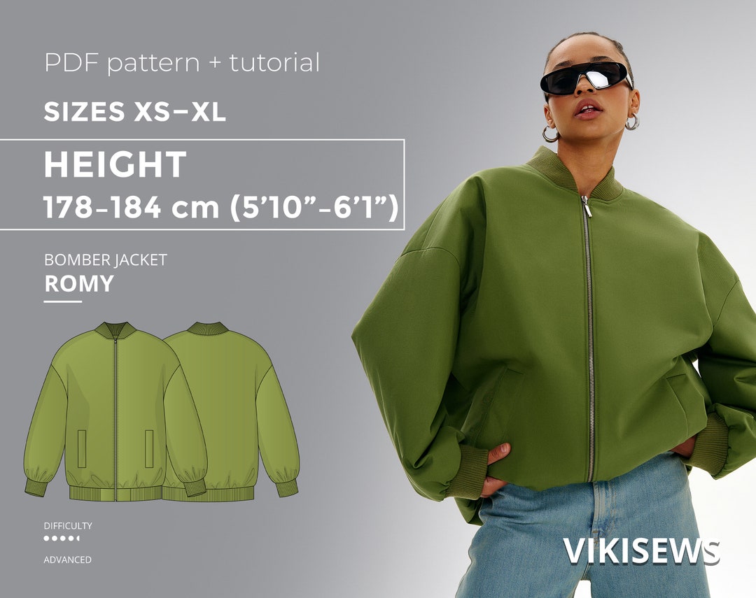 Romy Bomber Jacket PDF Sewing Pattern With Tutorial, Size XS-XL for 178 ...