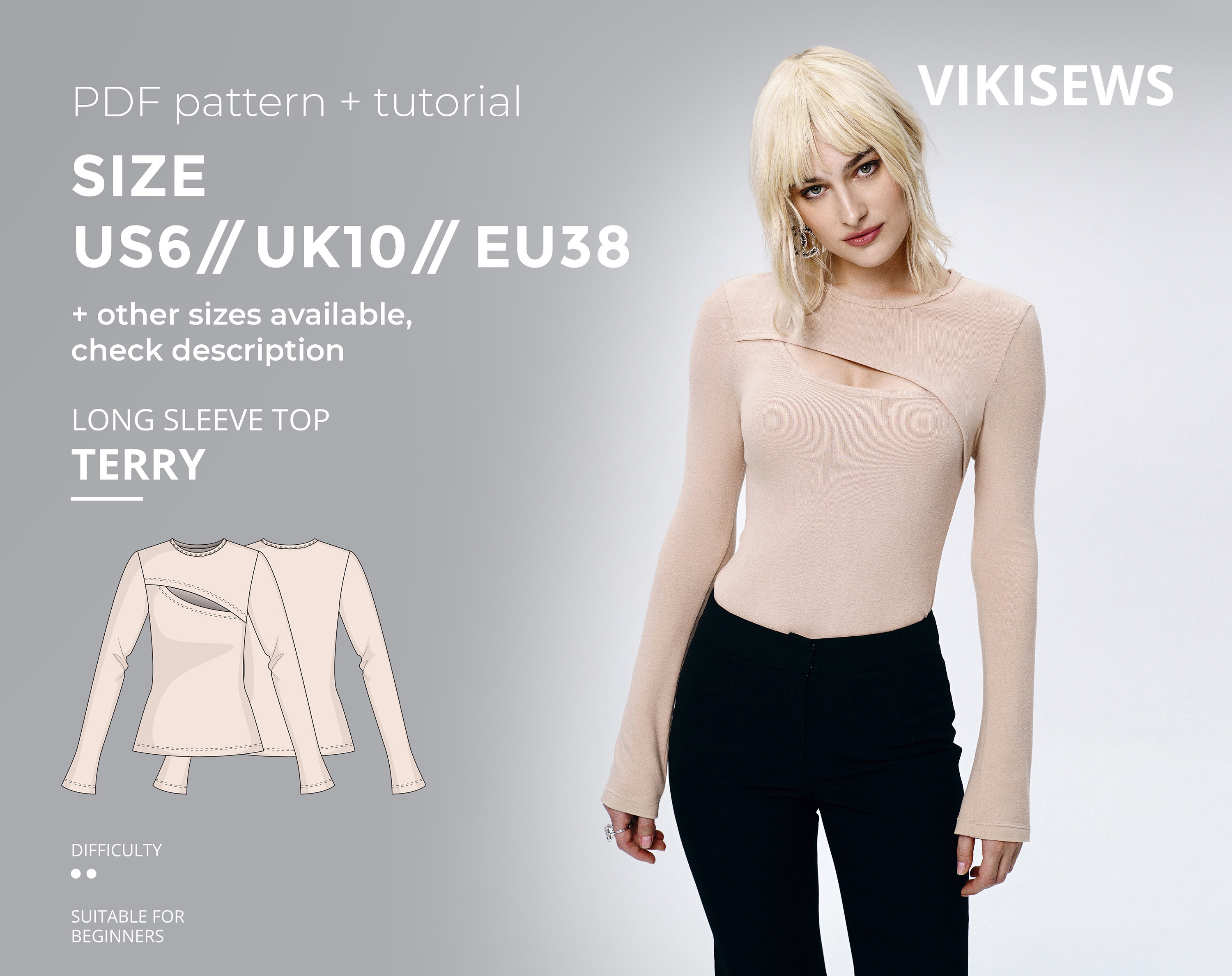 Terry Long Sleeve Top Sewing Pattern With Tutorial Size US 6 UK 10 EU ...