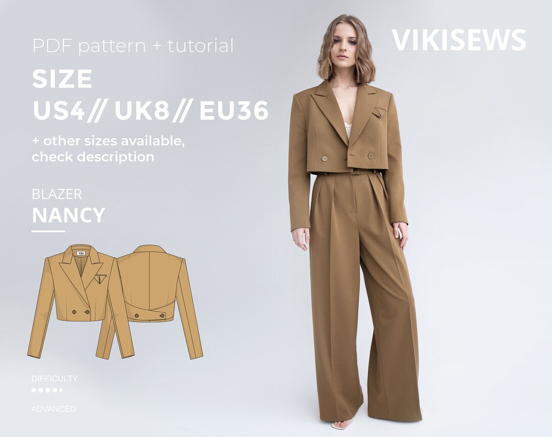 Nancy Blazer Sewing Pattern US 4 UK 8 EU 36 | Cropped Women’s Blazer ...