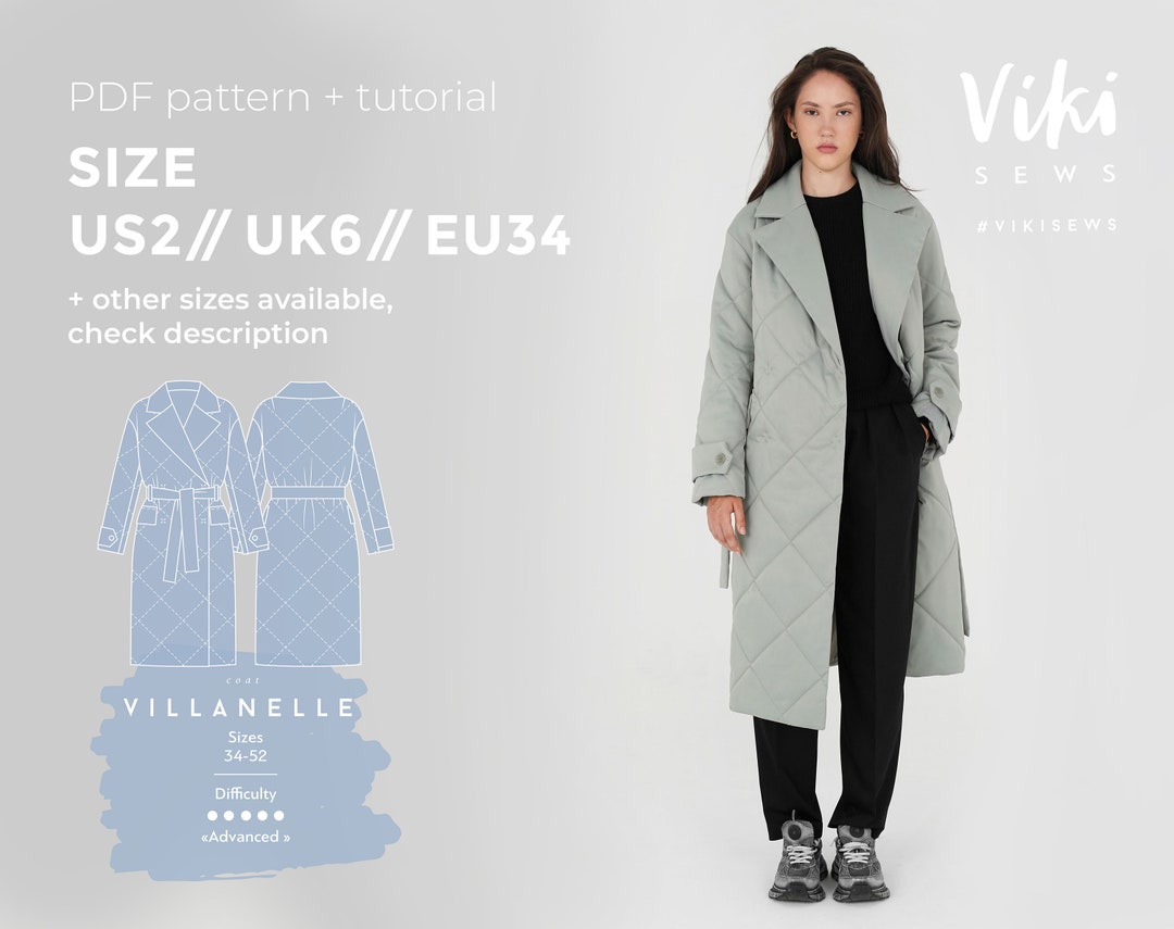 Villanelle Quilted Coat Sewing Pattern With Tutorial Size US 2 UK 6 EU ...