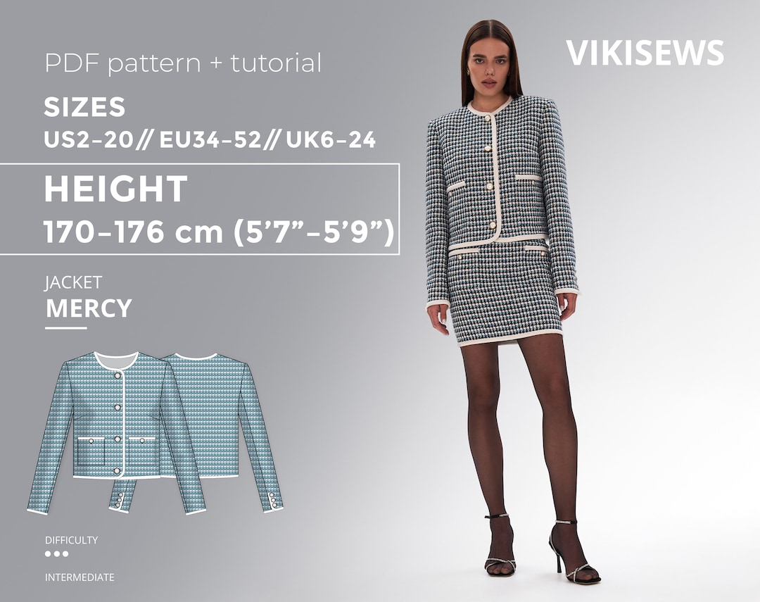 Mercy Jacket PDF Sewing Pattern With Tutorial, Size EU34-EU52 for 170 ...