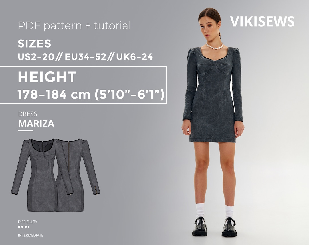 Mariza Dress PDF Sewing Pattern With Tutorial, Size EU34-EU52 for 178 ...