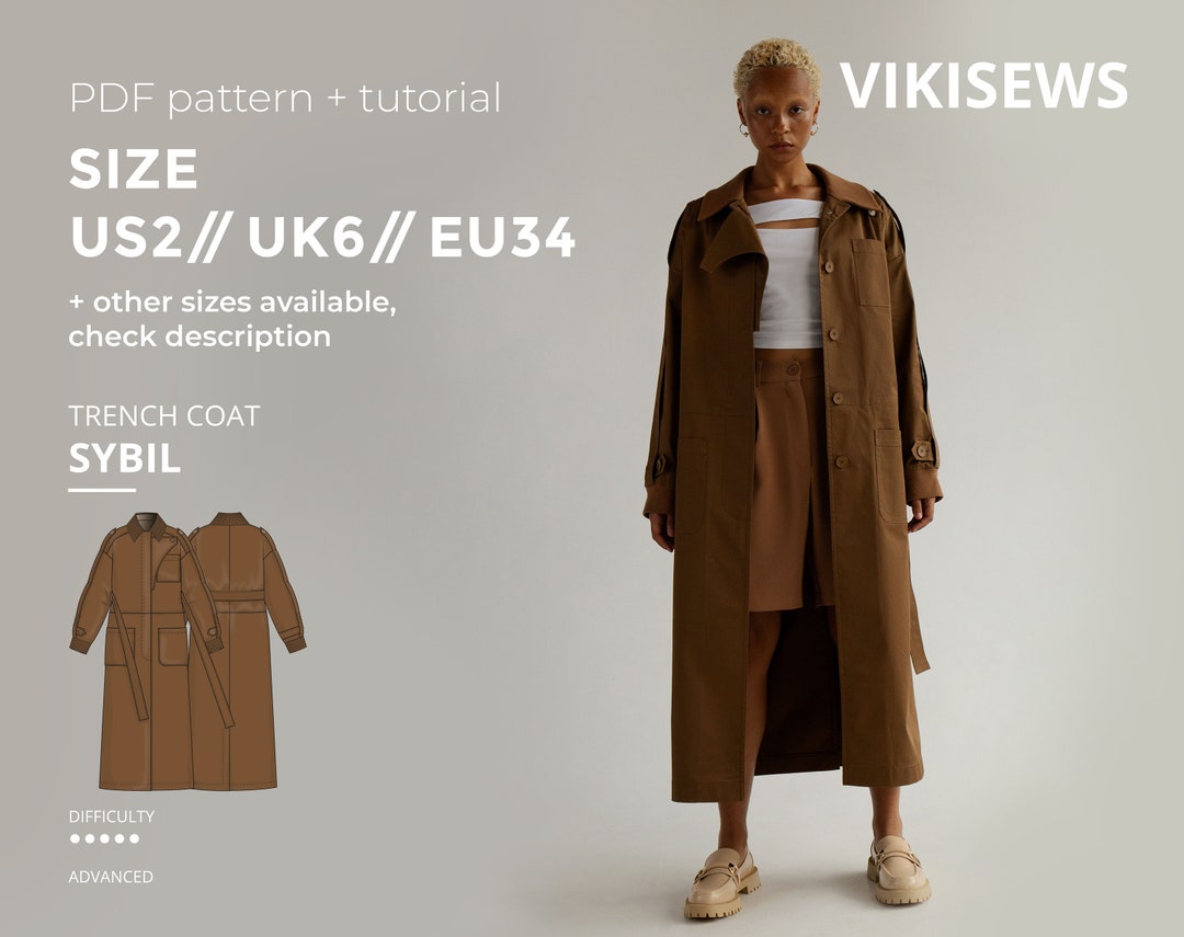 Women’s Trench Coat PDF Sewing Pattern Sybil Size US2 UK6 EU34, Long ...