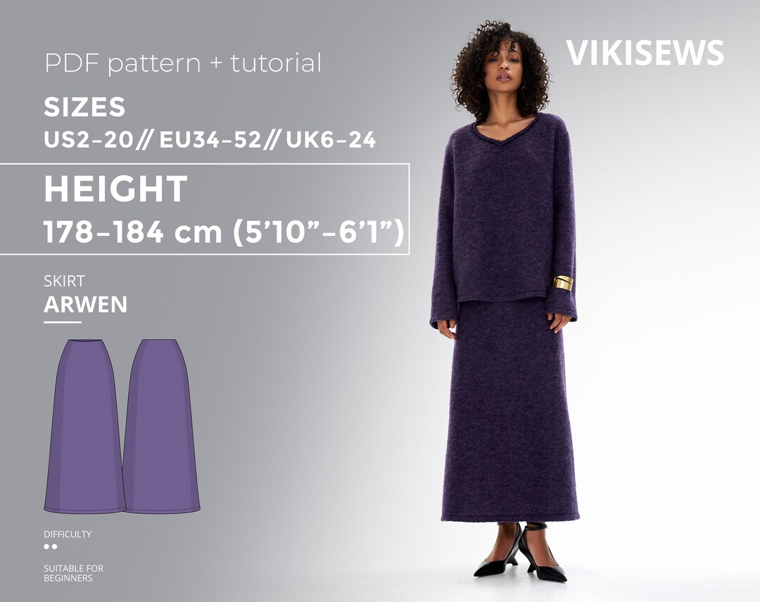 Arwen Skirt PDF Sewing Pattern With Tutorial, Size EU34-EU52 for 178 ...