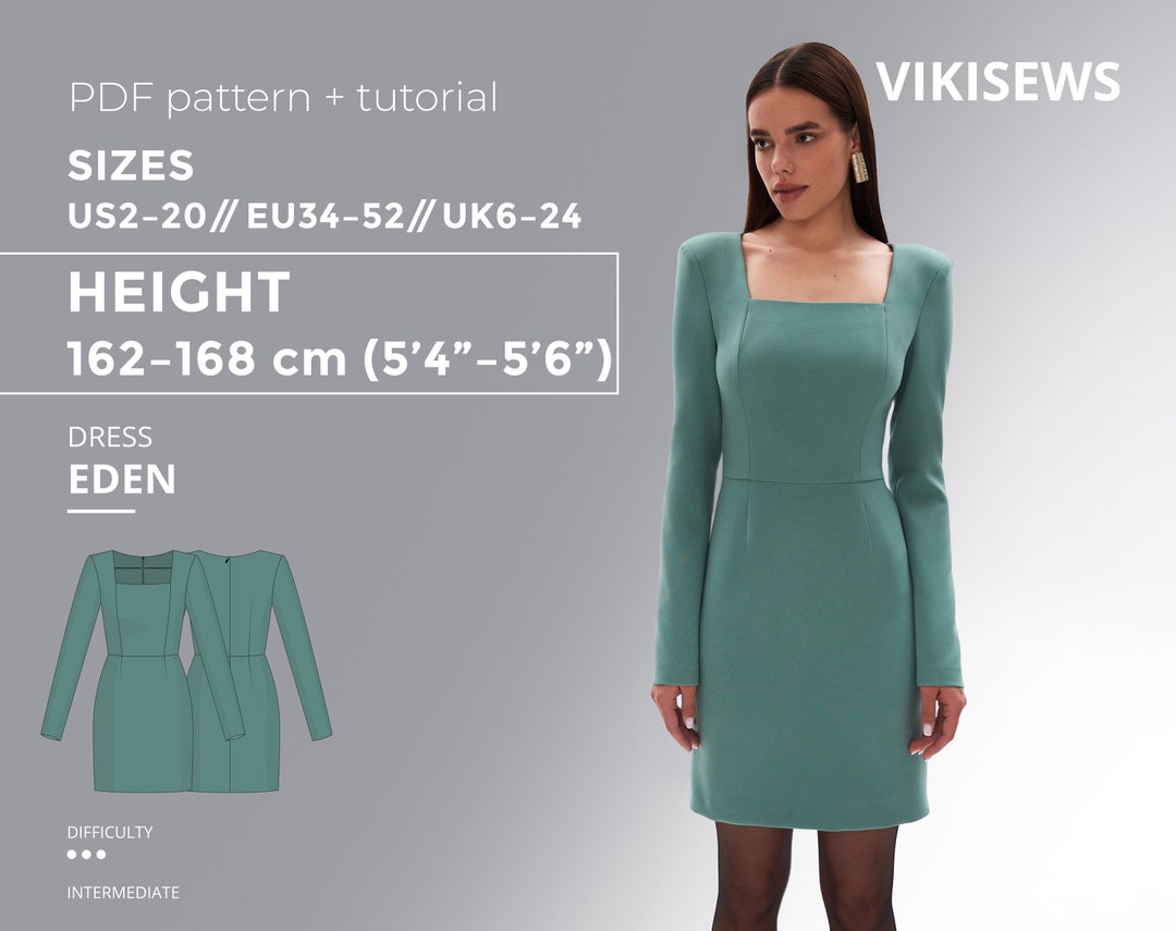Eden Dress PDF Sewing Pattern With Tutorial, Size EU34-EU52 for 162-168 ...