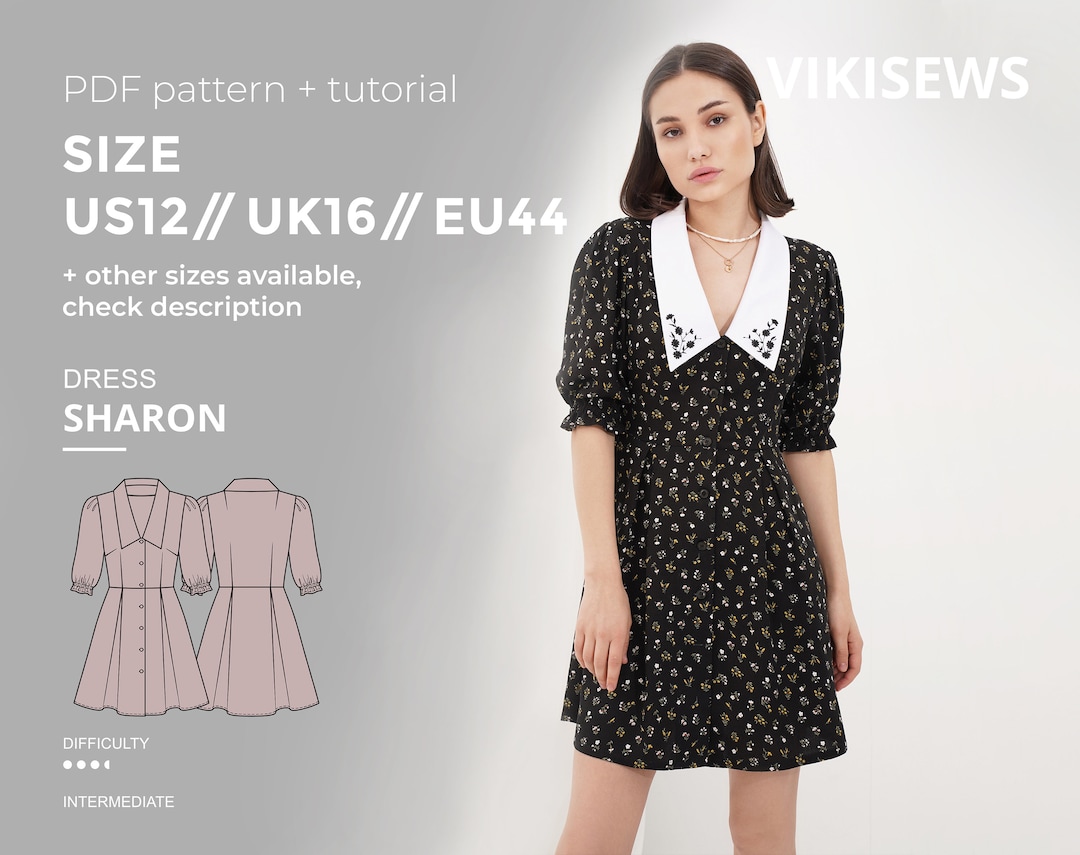 Sharon Dress Pattern With Pdf Tutorial Size US 12 UK 16 EU 44 - Etsy