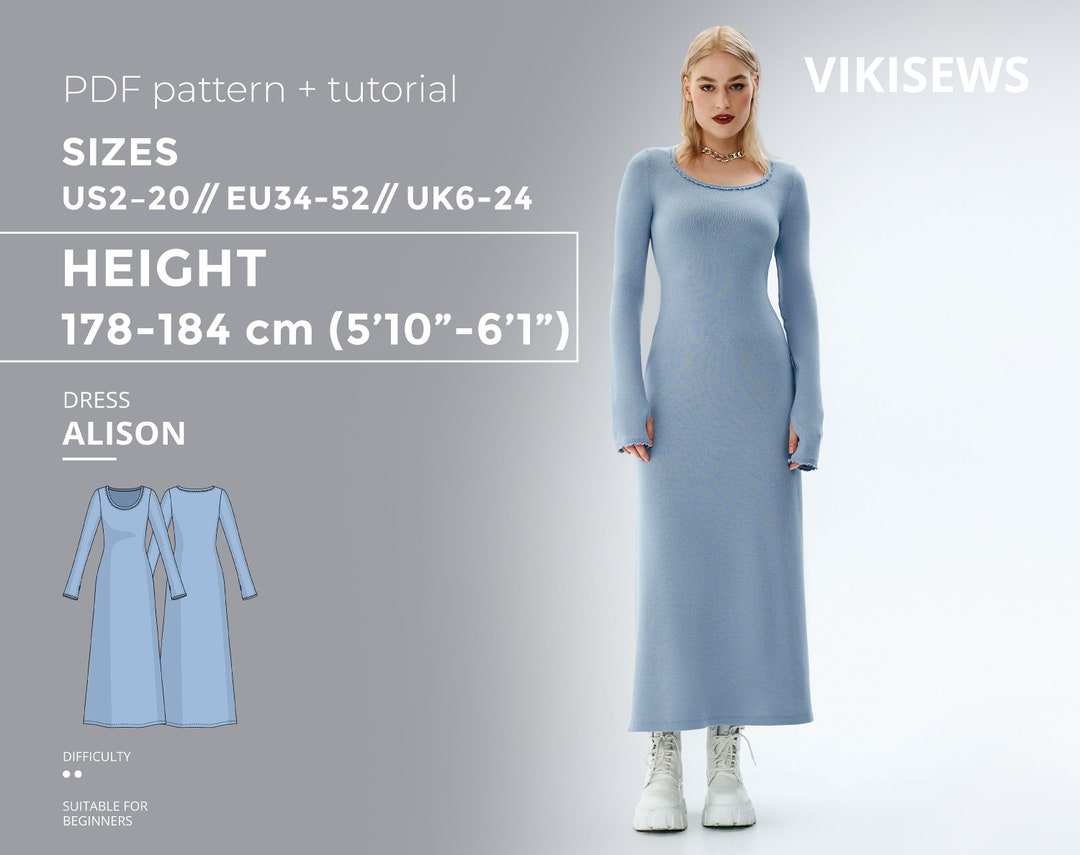 Alison Dress 178-184 Height US Sizes 2 - 20 Pattern, Knit Dress Sewing ...