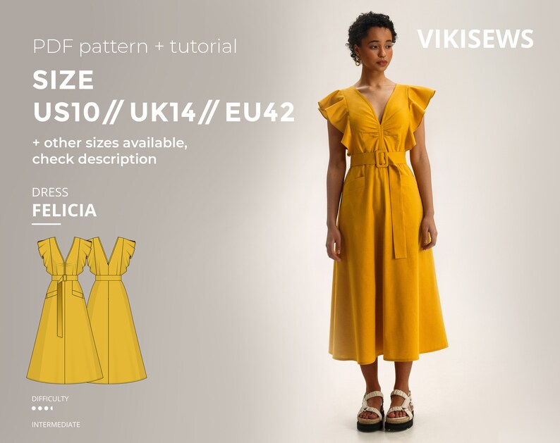 Felicia Dress Sewing Pattern With Tutorial Size US 10 UK 14 EU | Etsy