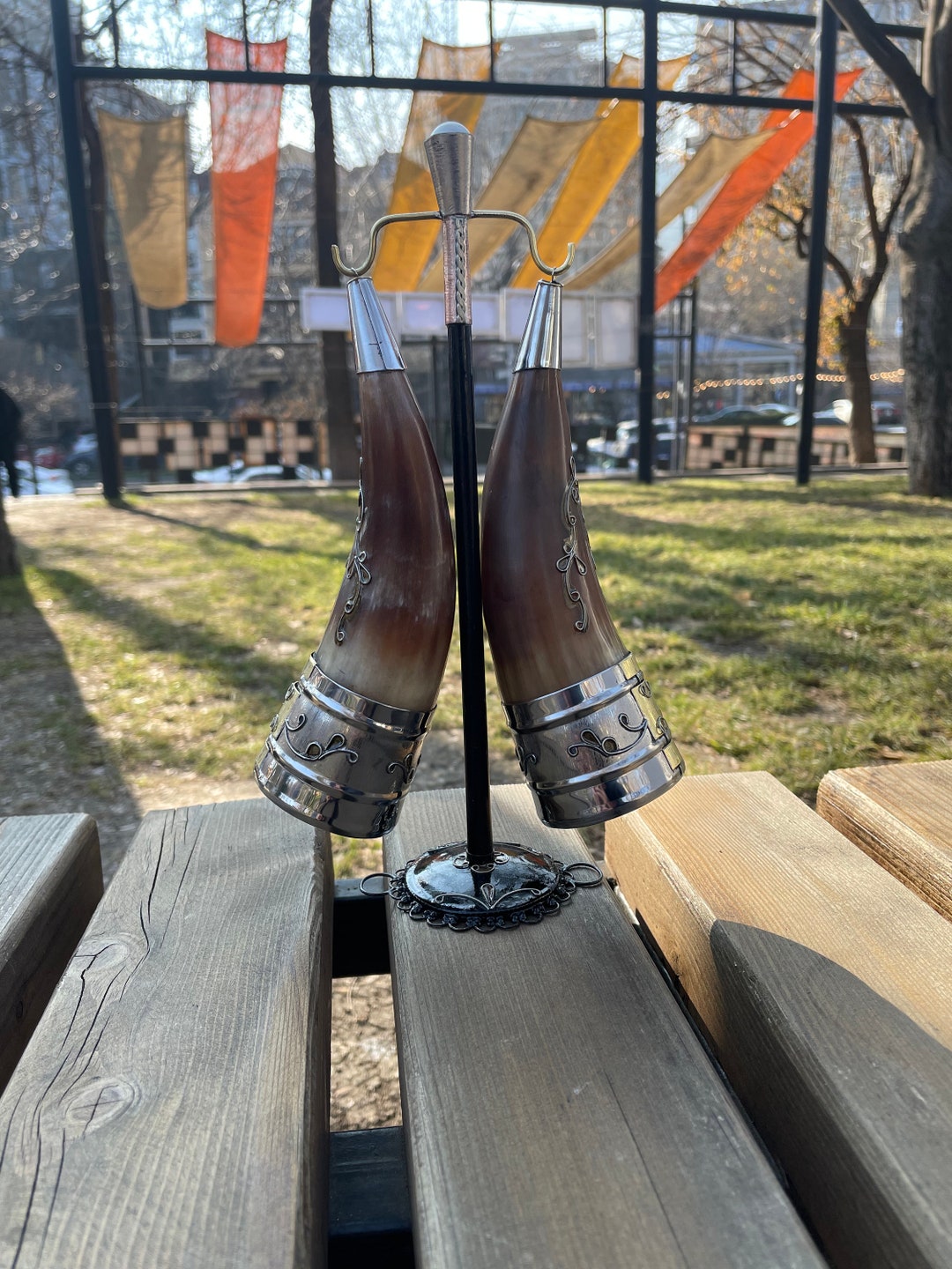 Viking Drinking Horn Set: Personalized Cow Horn With Stand - Etsy