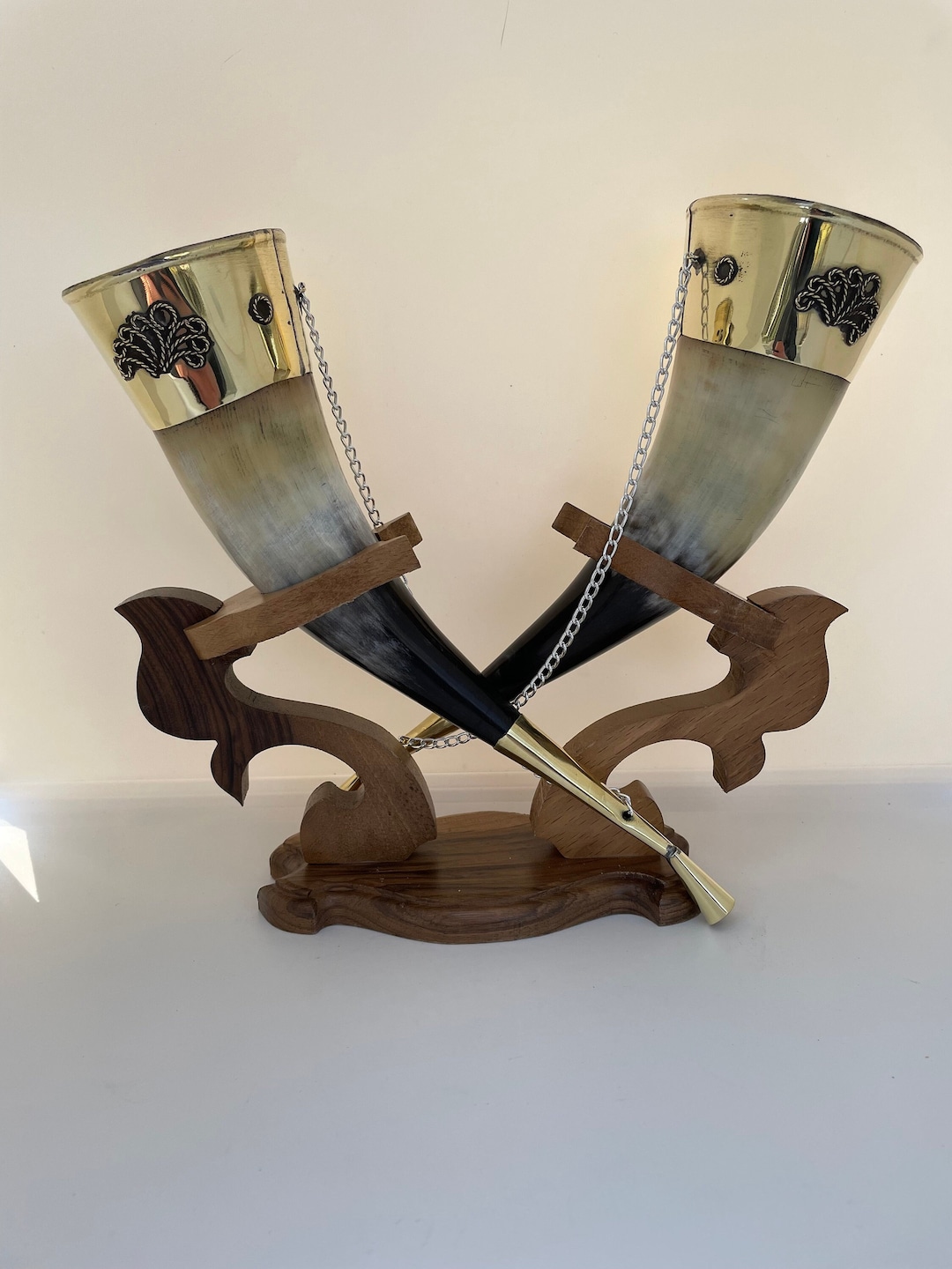 Handmade Viking Drinking Horn Set: Cow Horn Mugs With Wooden Stand - Etsy