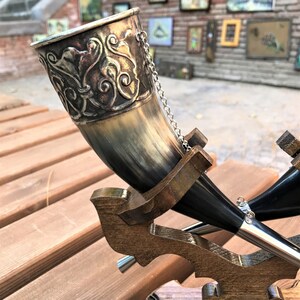 Engraved Drinking Horn Set: Viking Wedding Decor With Beechwood Stand ...