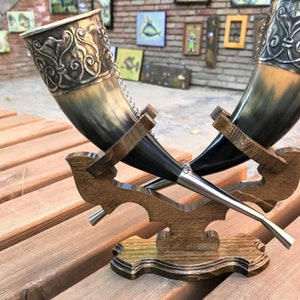 Engraved Drinking Horn Set: Viking Wedding Decor With Beechwood Stand ...