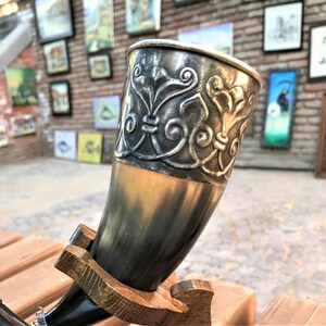 Engraved Drinking Horn Set: Viking Wedding Decor With Beechwood Stand ...