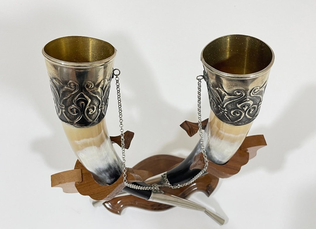 Viking Drinking Horn With Stand: Cow Horn, German Silver - Etsy