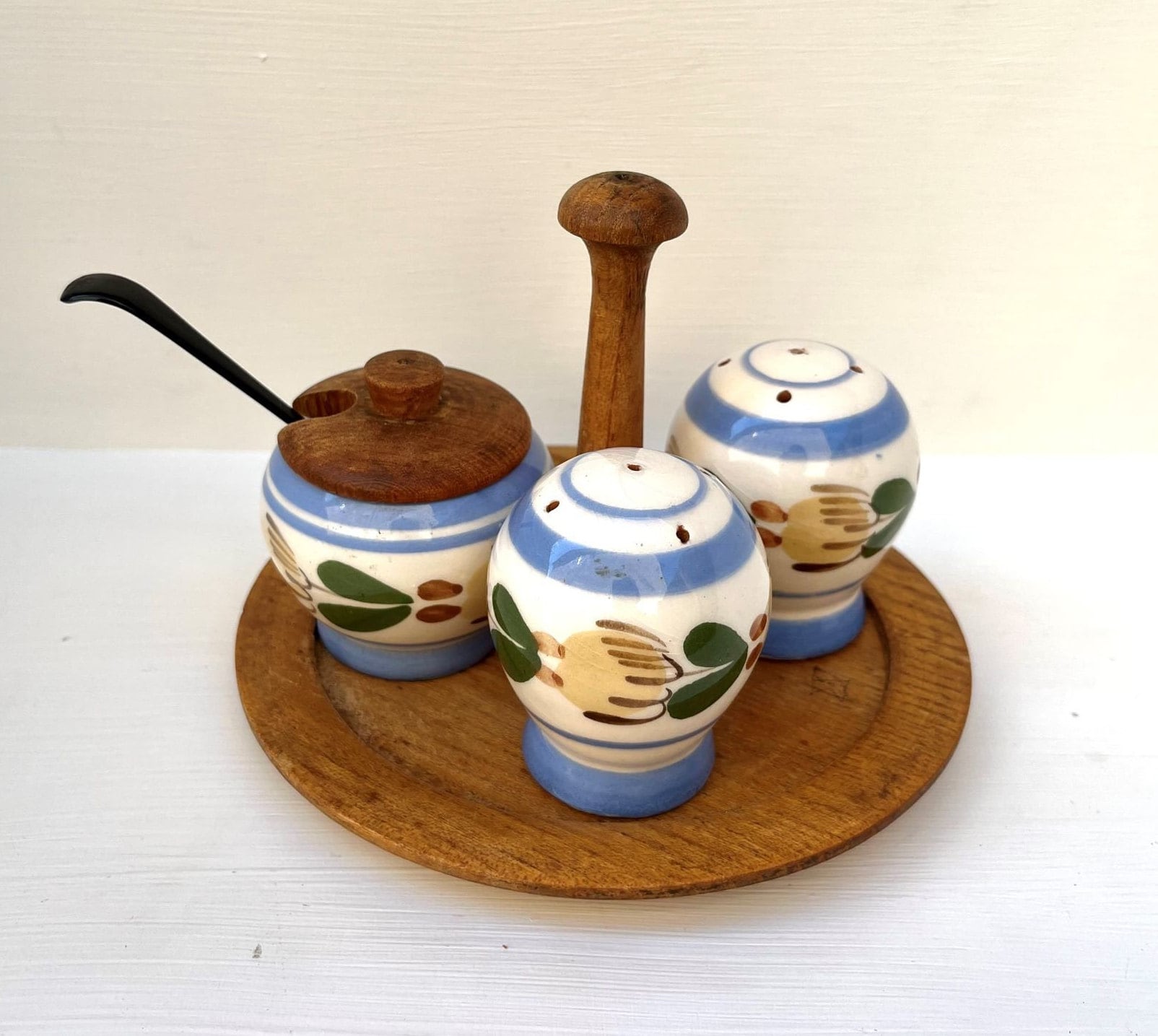 Vintage Danish Teak and Ceramic Condiment Set, Hand Painted Vintage ...