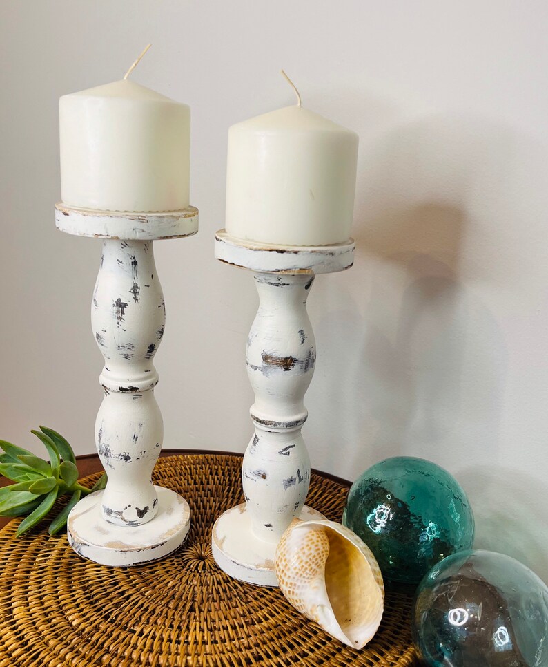 Set of Two White Pillar Candle Holders, Repurposed Table Legs ...
