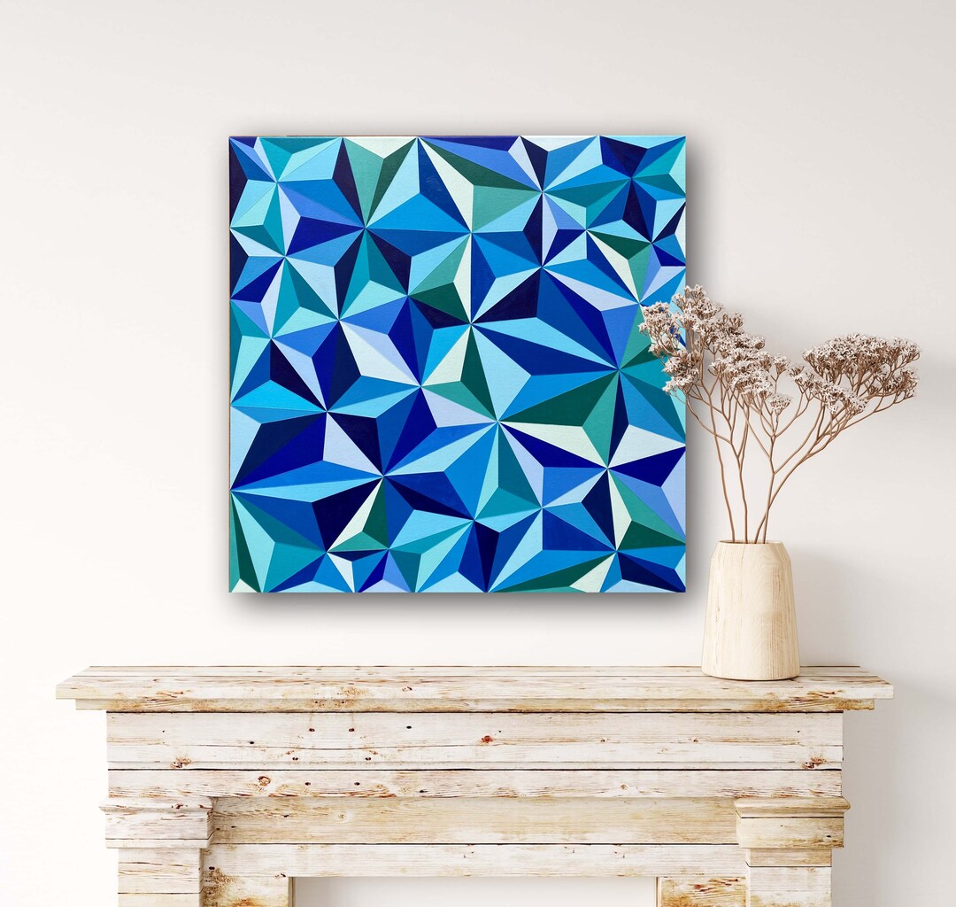 24x24 ORIGINAL Abstract Triangle Artwork - Blue Acrylic on Stretched ...