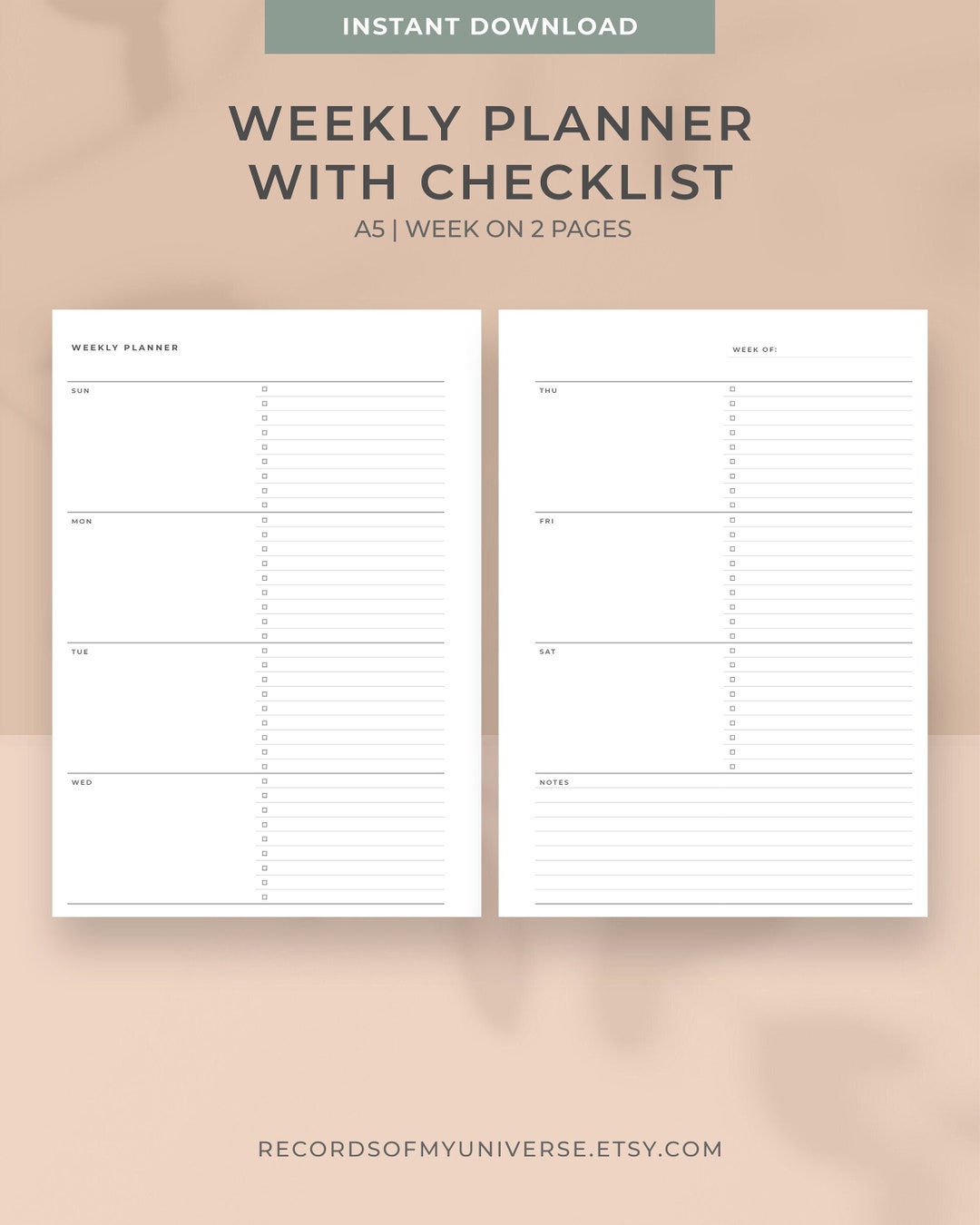 A5 Size Weekly Planner With Check List Template Printable Weekly ...