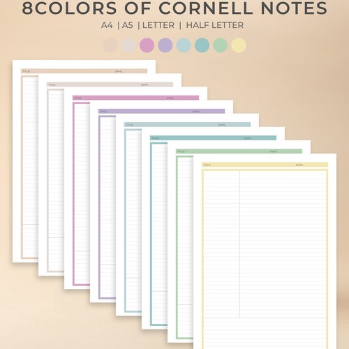 8 Pastel Colors of Printable Cornell Notes Available in 4 - Etsy