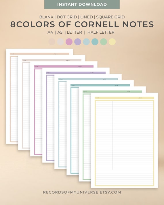 8 Pastel Colors of Printable Cornell Notes Available in 4 - Etsy