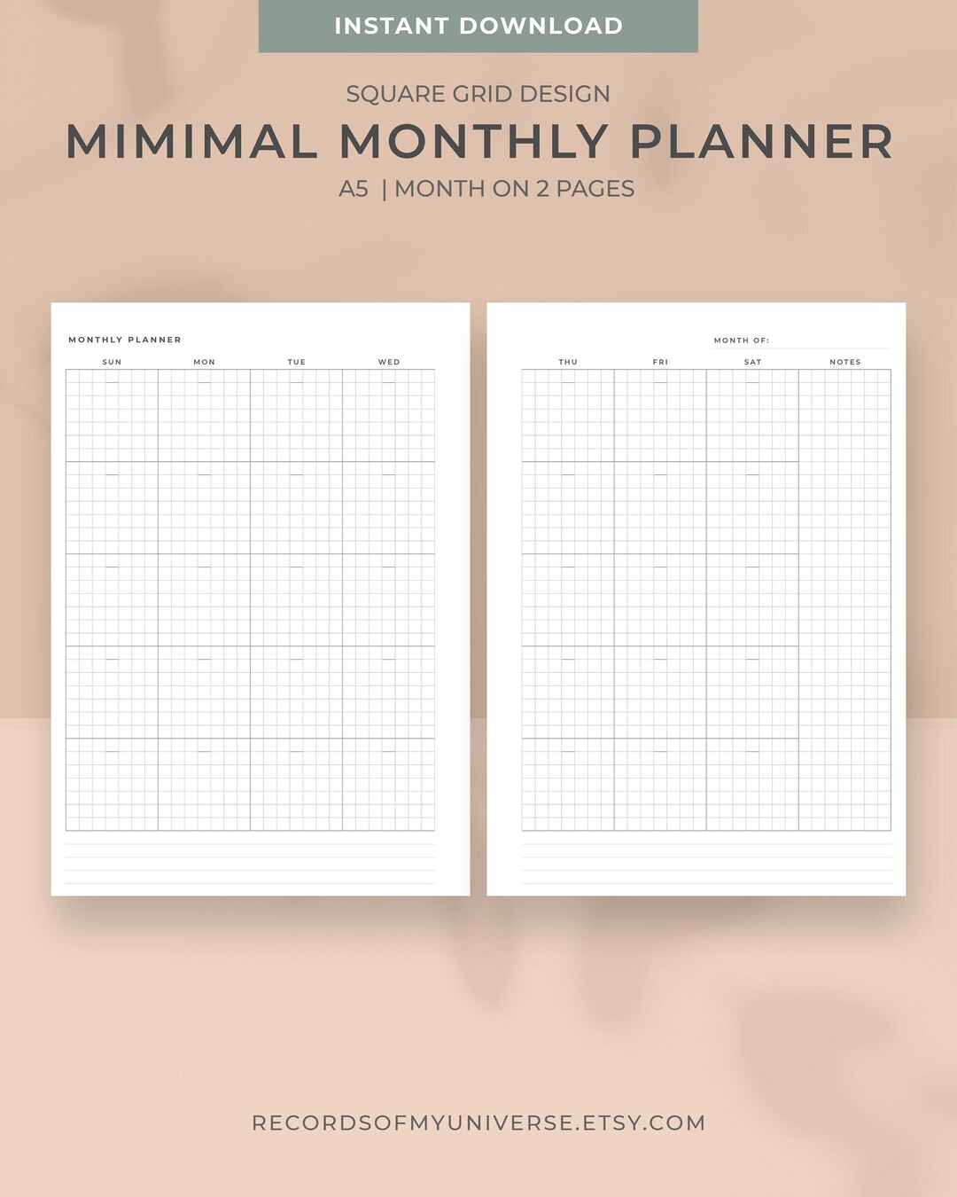 A5 Minimal Square Grid Monthly Planner Printable (digital Download) - Etsy