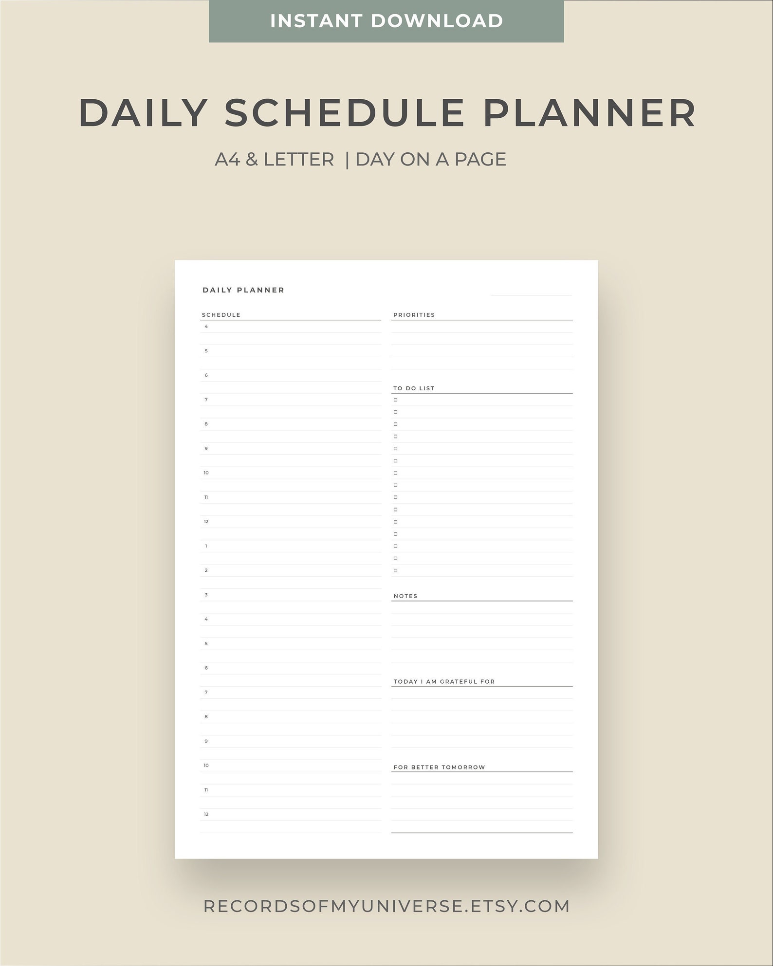 Editable & Printable A4, Letter Simple Daily Hourly Schedule Planner ...
