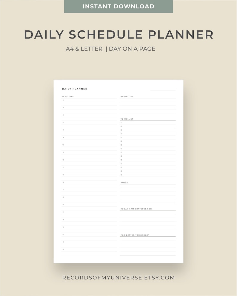 Editable & Printable A4, Letter Simple Daily Hourly Schedule Planner ...