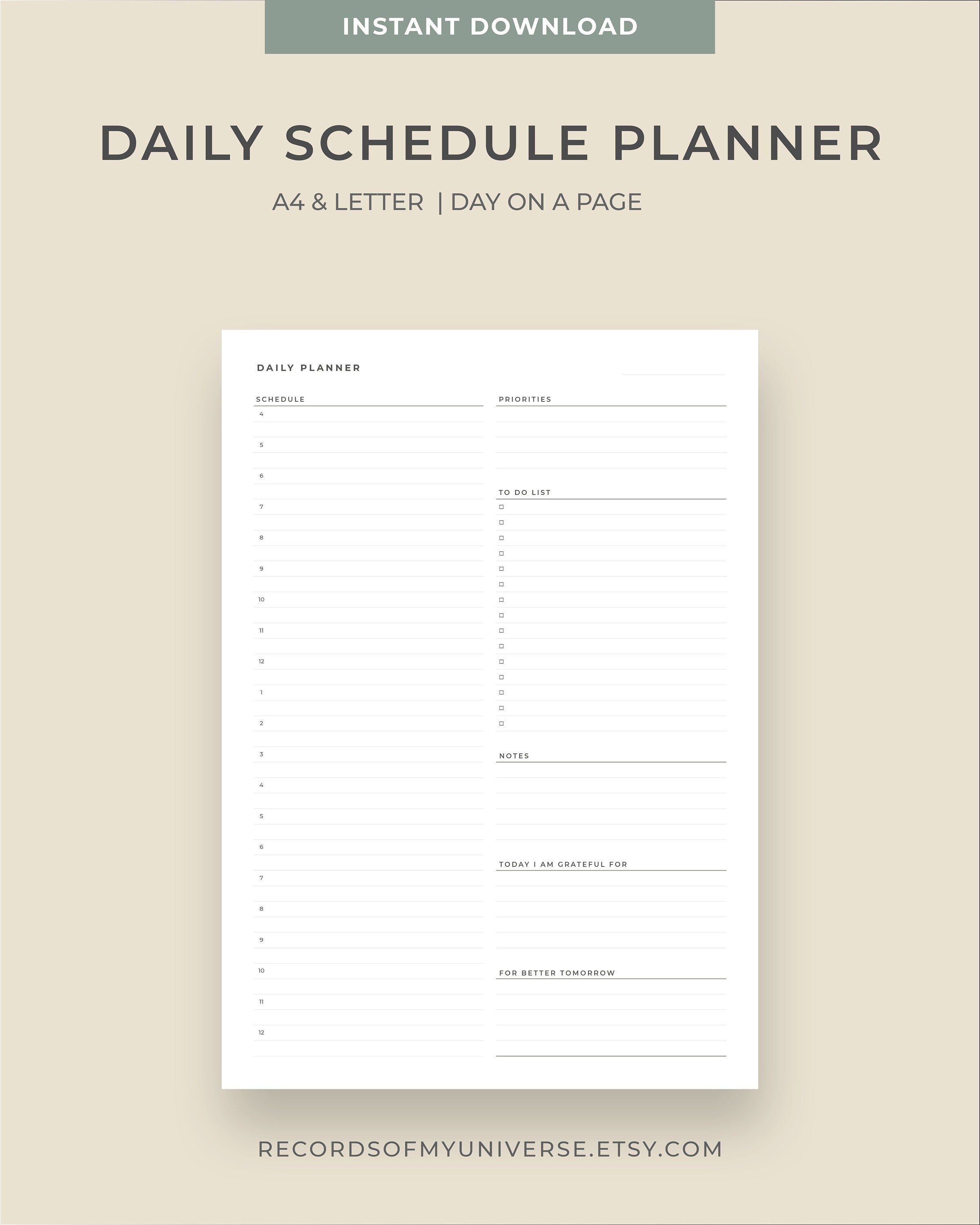 Editable & Printable A4, Letter Simple Daily Hourly Schedule Planner ...