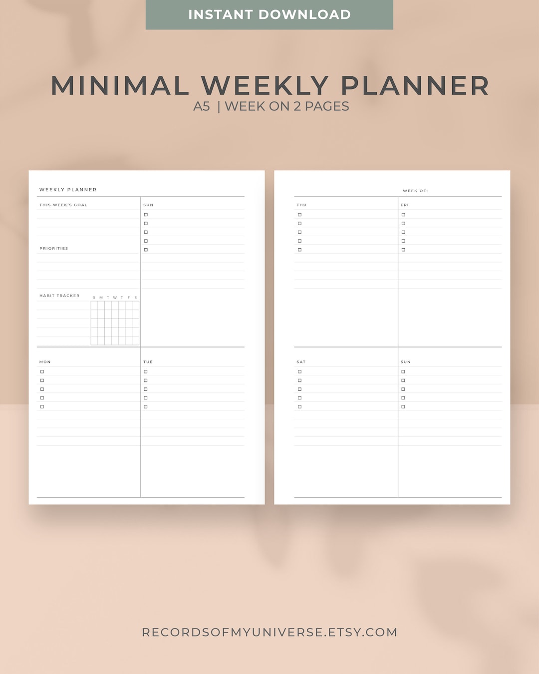 A5 Undated Minimal Weekly Planner Template Printable | Weekly Agenda ...