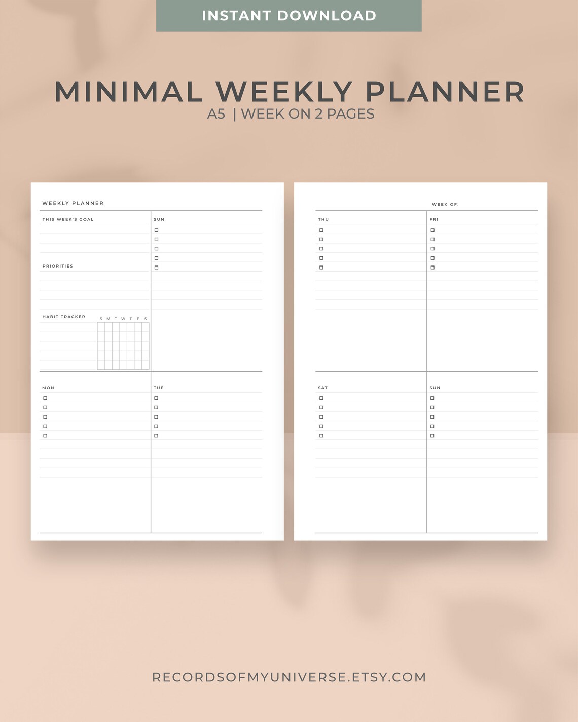 A5 Undated Minimal Weekly Planner Template Printable | Weekly Agenda ...