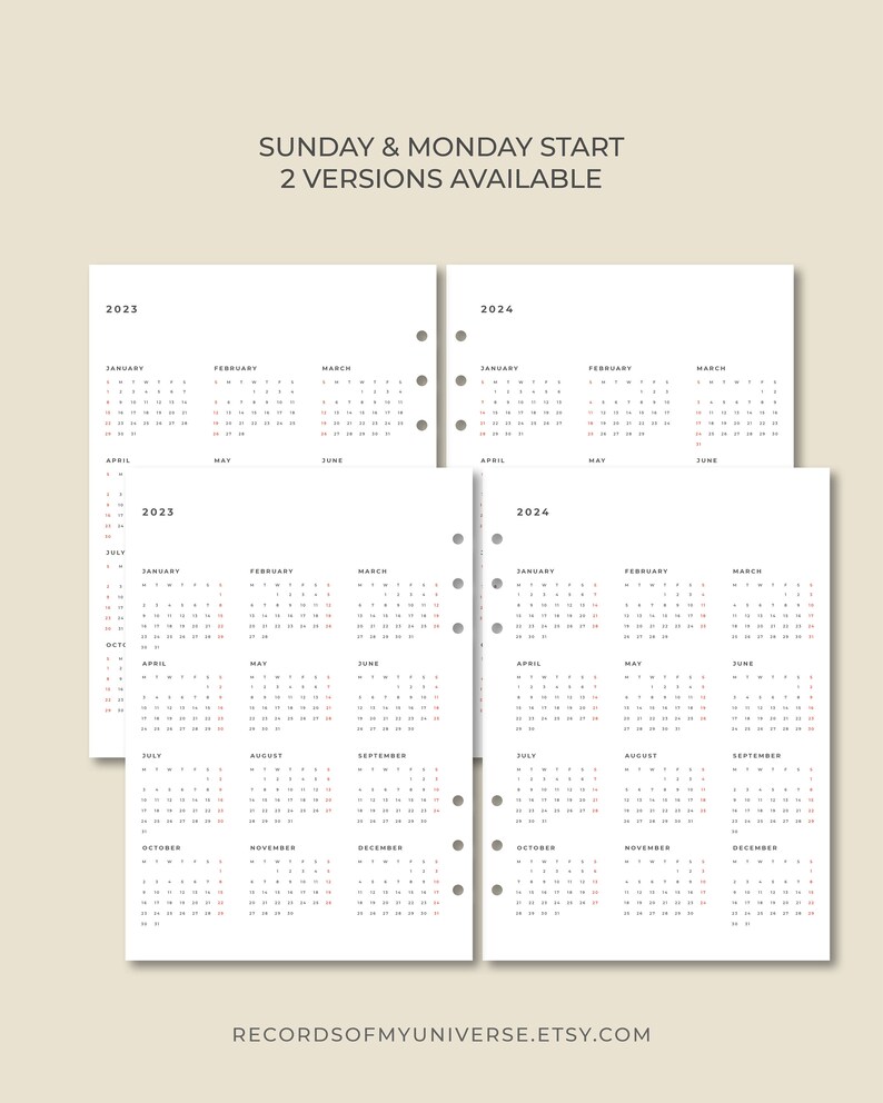 A4, A5, Letter Size 2023-2024 Minimal Calendar Printable 2 Pages Mon ...