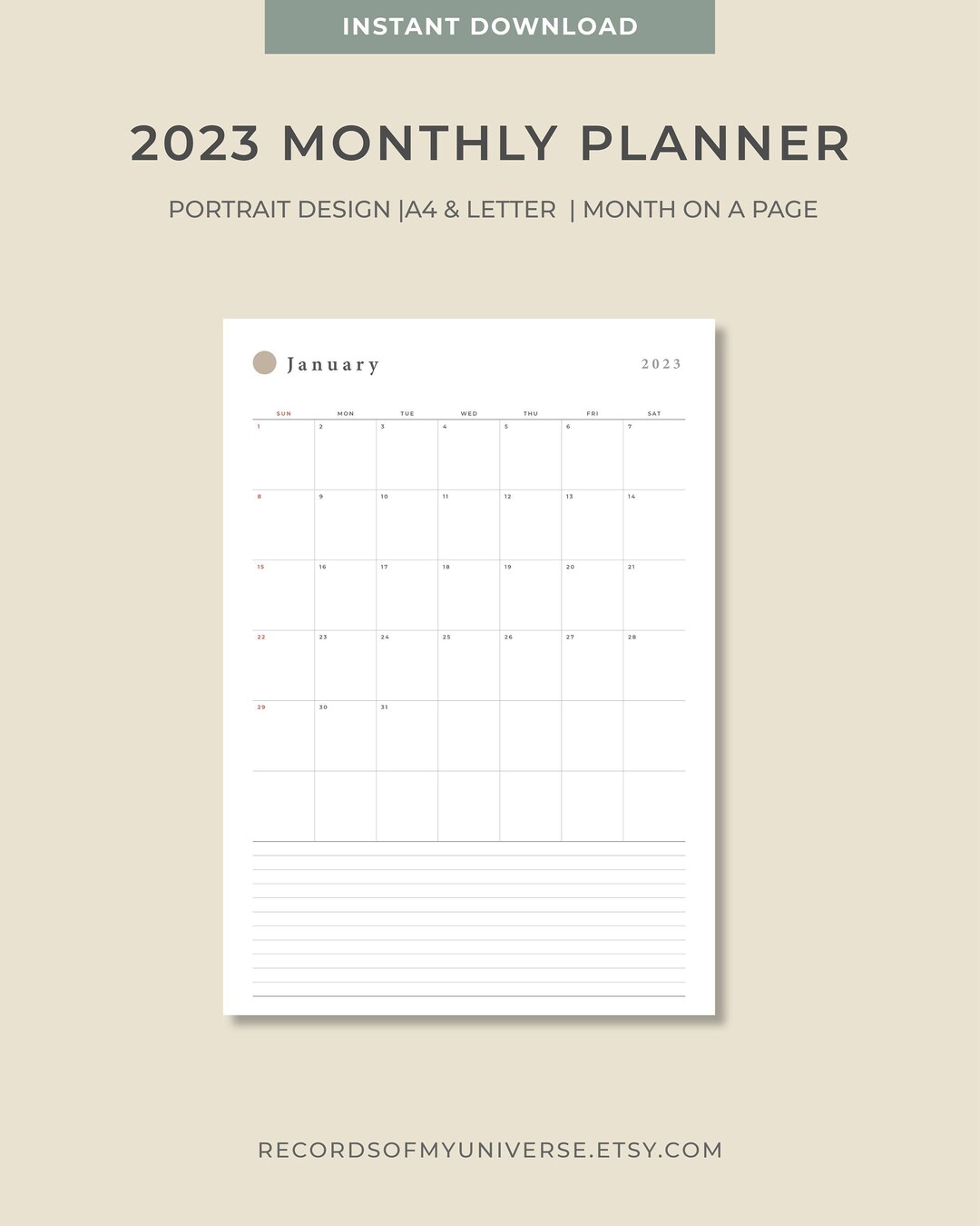 Printable & Editable 2023 Portrait Monthly Planner Template | A4 ...