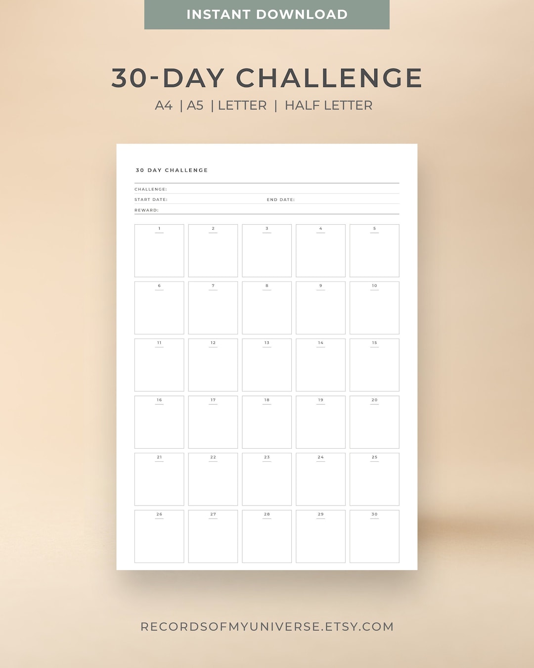 Printable & Editable 30 Day Challenge Goal Tracker | A4, A5, Letter ...