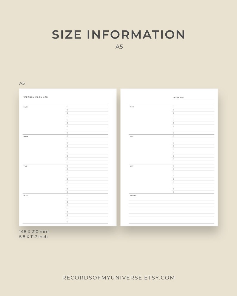 A5 Weekly Planner Printable: Checklist Template, Week on 2 Pages ...