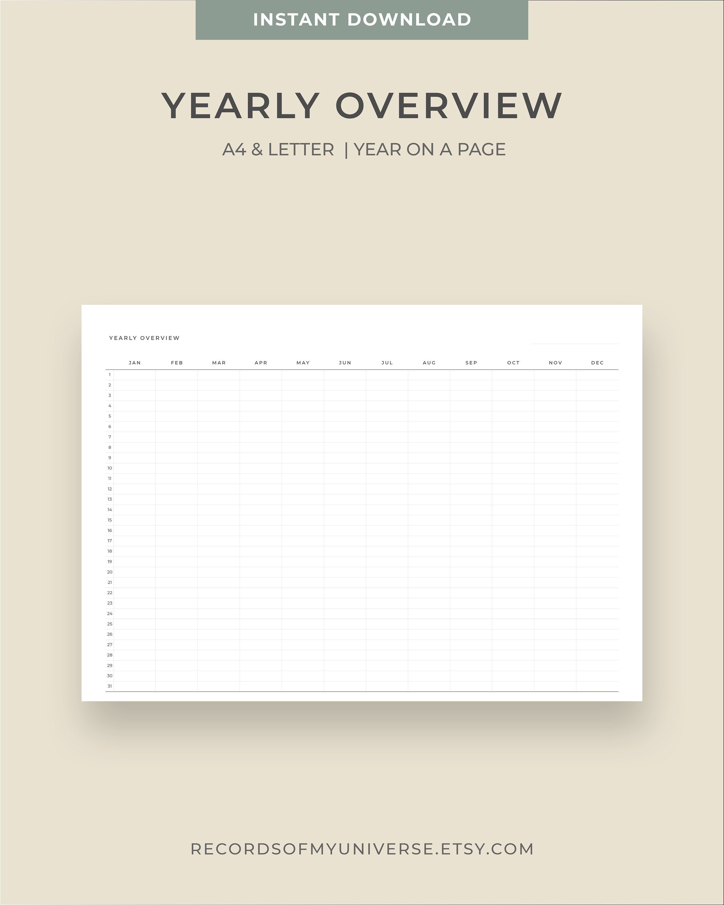 Editable & Printable Letter A4 Size Minimal Yearly Overview - Etsy