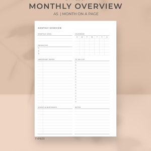 A5 Minimal Monthly Overview Planner Template Printable | 2 Types ...