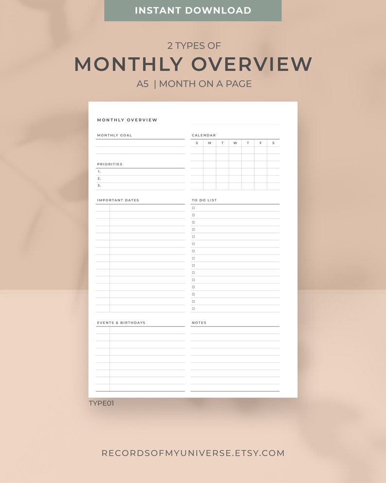 A5 Minimal Monthly Overview Planner Template Printable 2 - Etsy