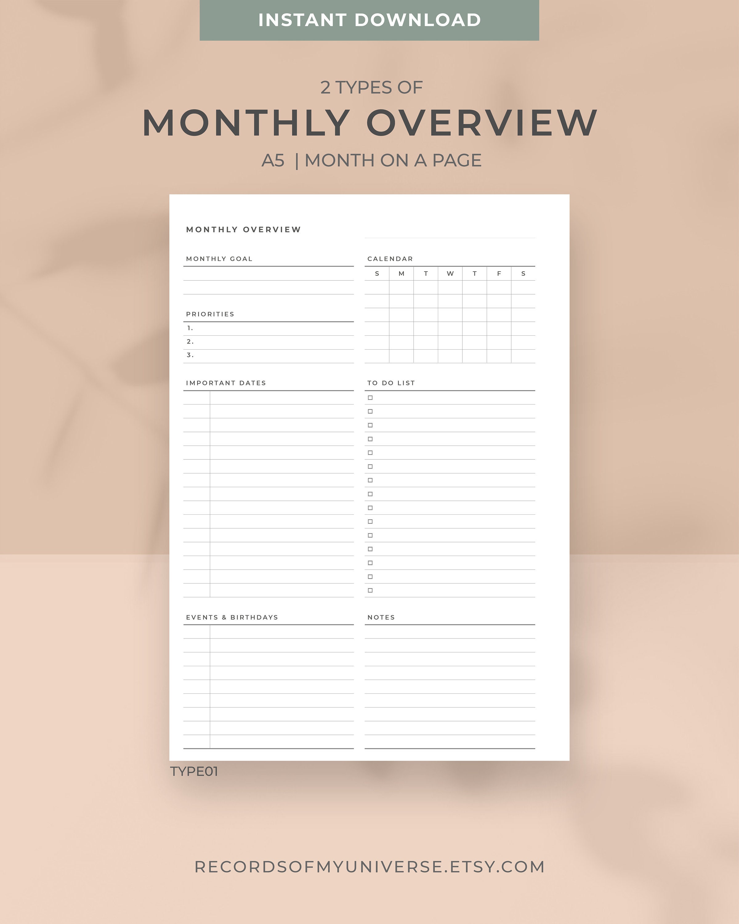 A5 Minimal Monthly Overview Planner Template Printable | 2 Types ...