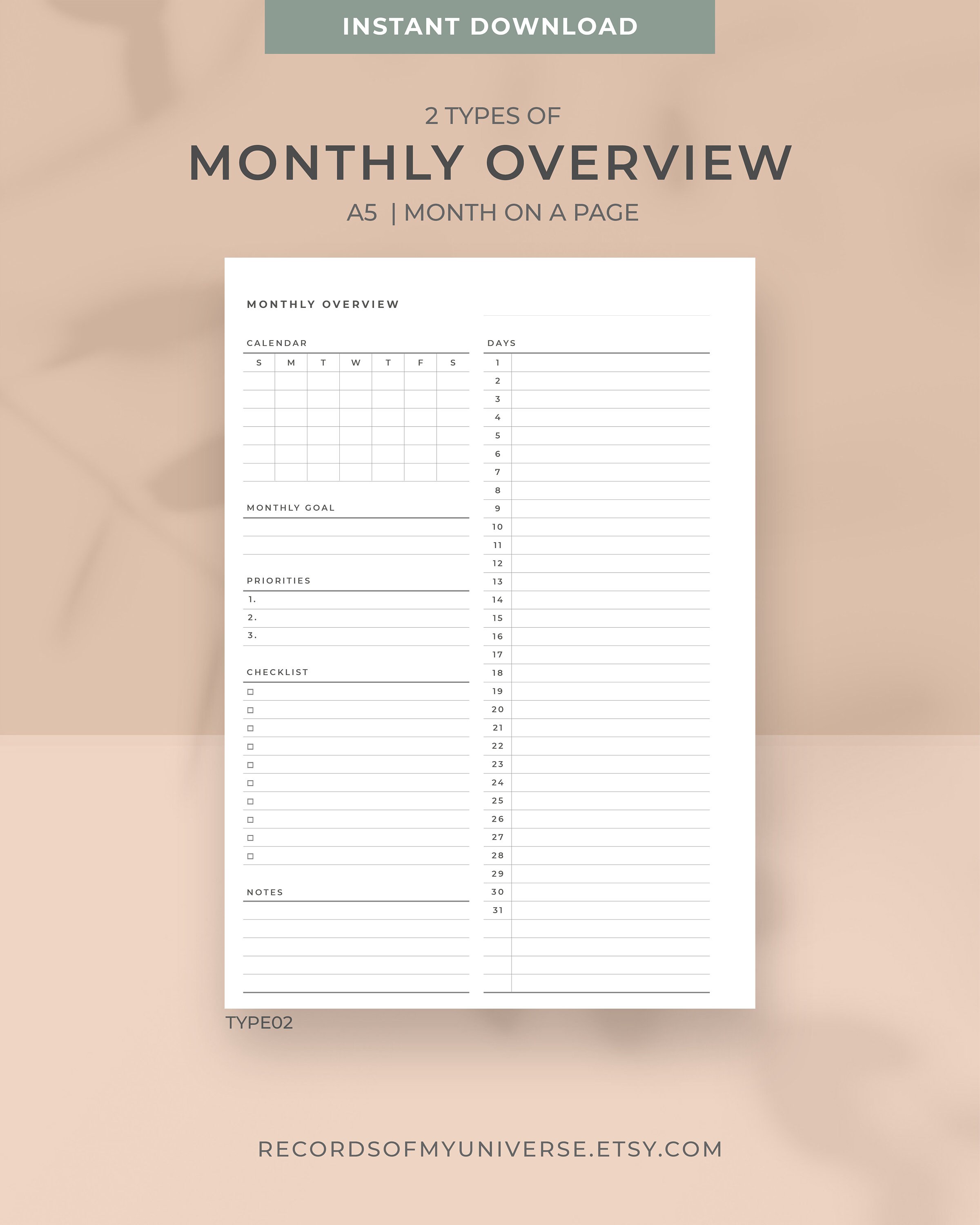 A5 Minimal Monthly Overview Planner Template Printable | 2 Types ...