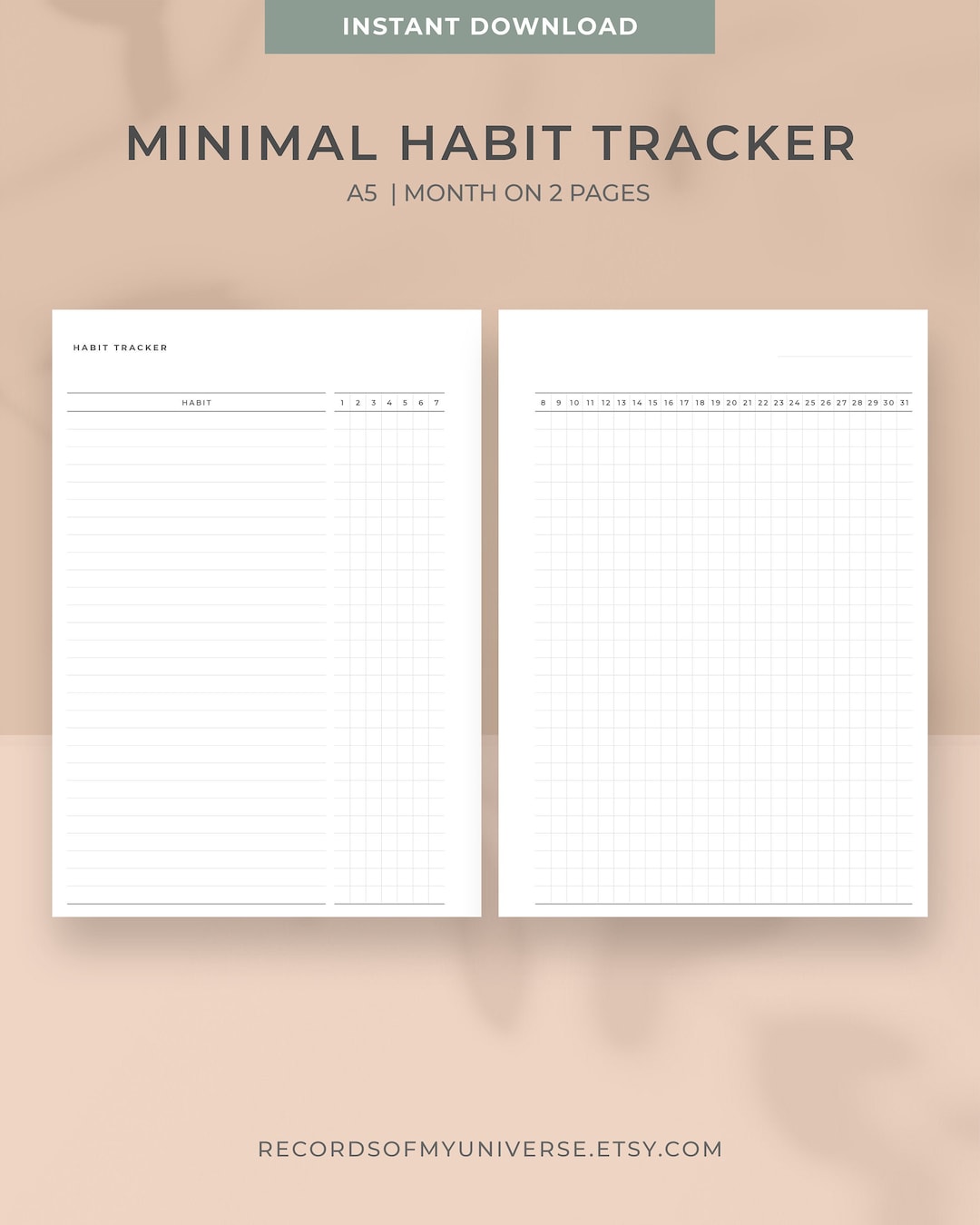 A5 Size Printable Minimal Habit Tracker |month on 2 Pages | Instant ...