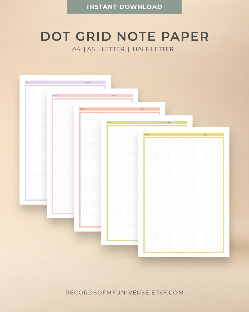 5 Colors of Printable Dot Grid Paper Available in 4 Sizes A4, A5 ...
