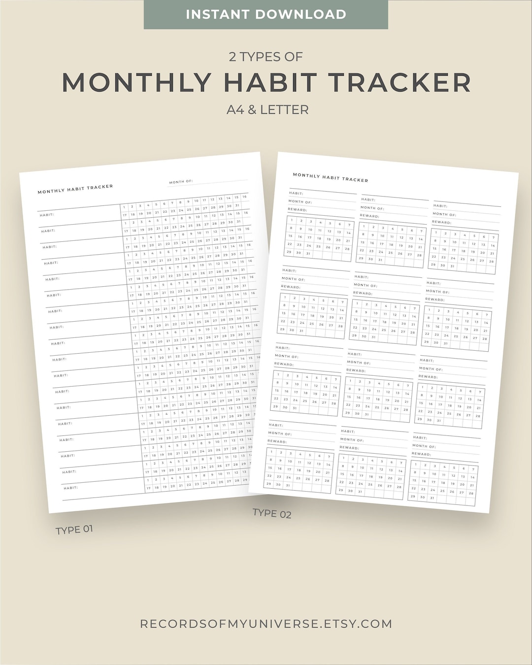 Printable & Editable Monthly Habit Tracker | 2types | A4, Letter Size ...